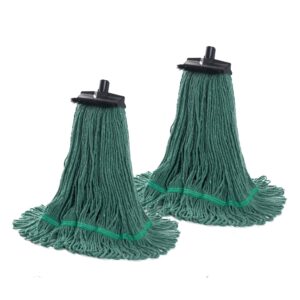 matthew large heavy duty mop head commercial replacement for general and floor cleaning, screw-on wet industrial cotton looped end string head refill (green 2pack) w/built-in flexible bristle brush