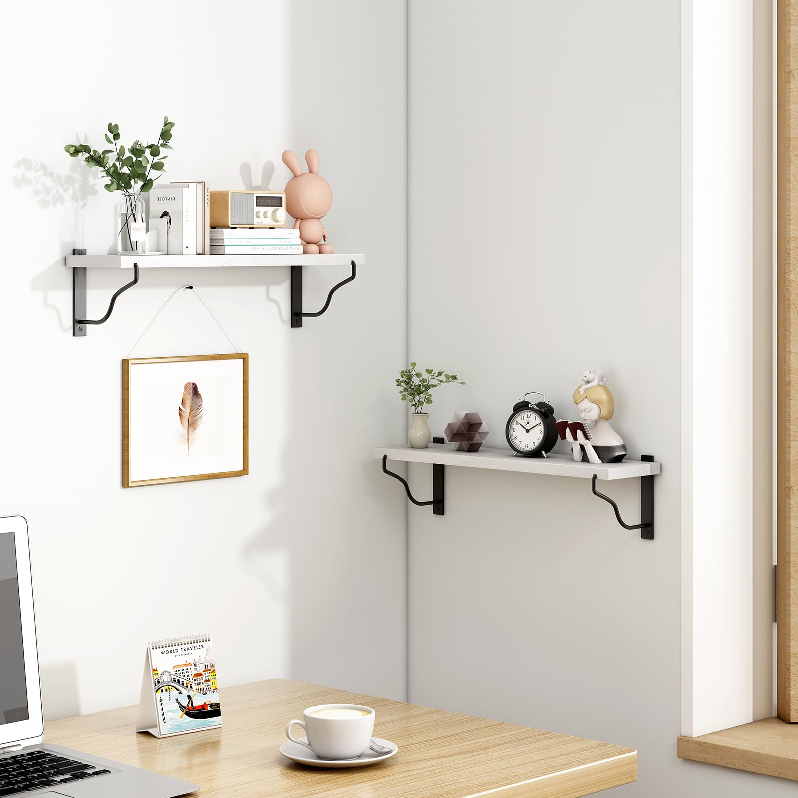 Inforth Wall Shelves, Wood Wall Mounted Shelves for Wall Storage, Floating Shelves for Wall Display with Metal Bracket, Hanging Shelves for Bedroom Kitchen Living Room (White, 17 Inches)