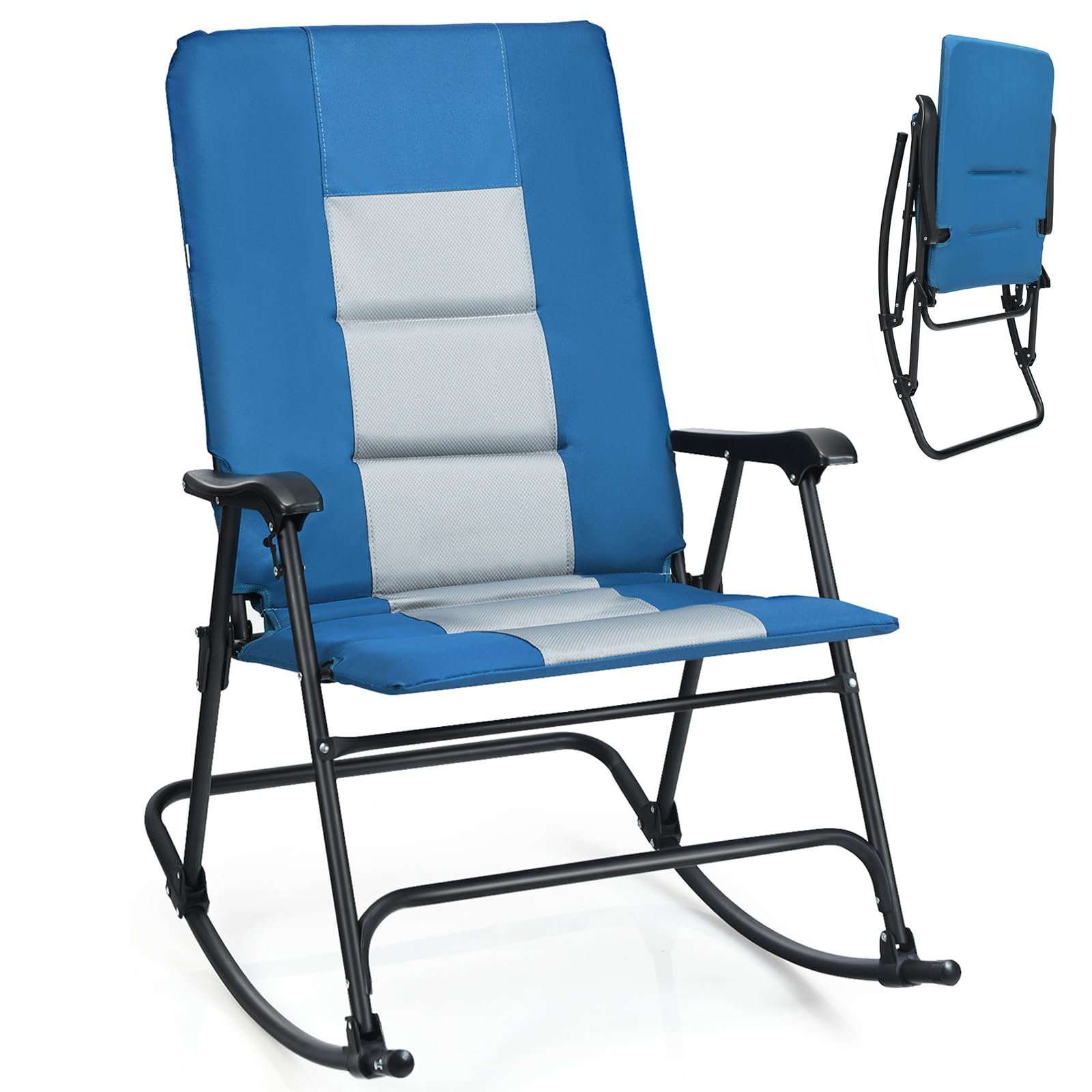 KOTEK Outdoor Rocking Chair, Folding Lawn Chair with Armrests & Padded High Backrest, Rocker Camping Chair for Patio Front Porch Backyard Garden Beach Travel, Supports 350 lbs (1, Blue)