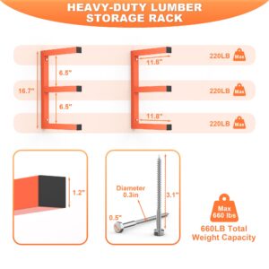 Ultrawall Lumber Storage Rack Wall Mount Wood Storage Racks, Metal Wood Organizer Racks for Shed, Workshop, Garage, Holds Up 220 LBS Per Level (Pack of 2, Orange)