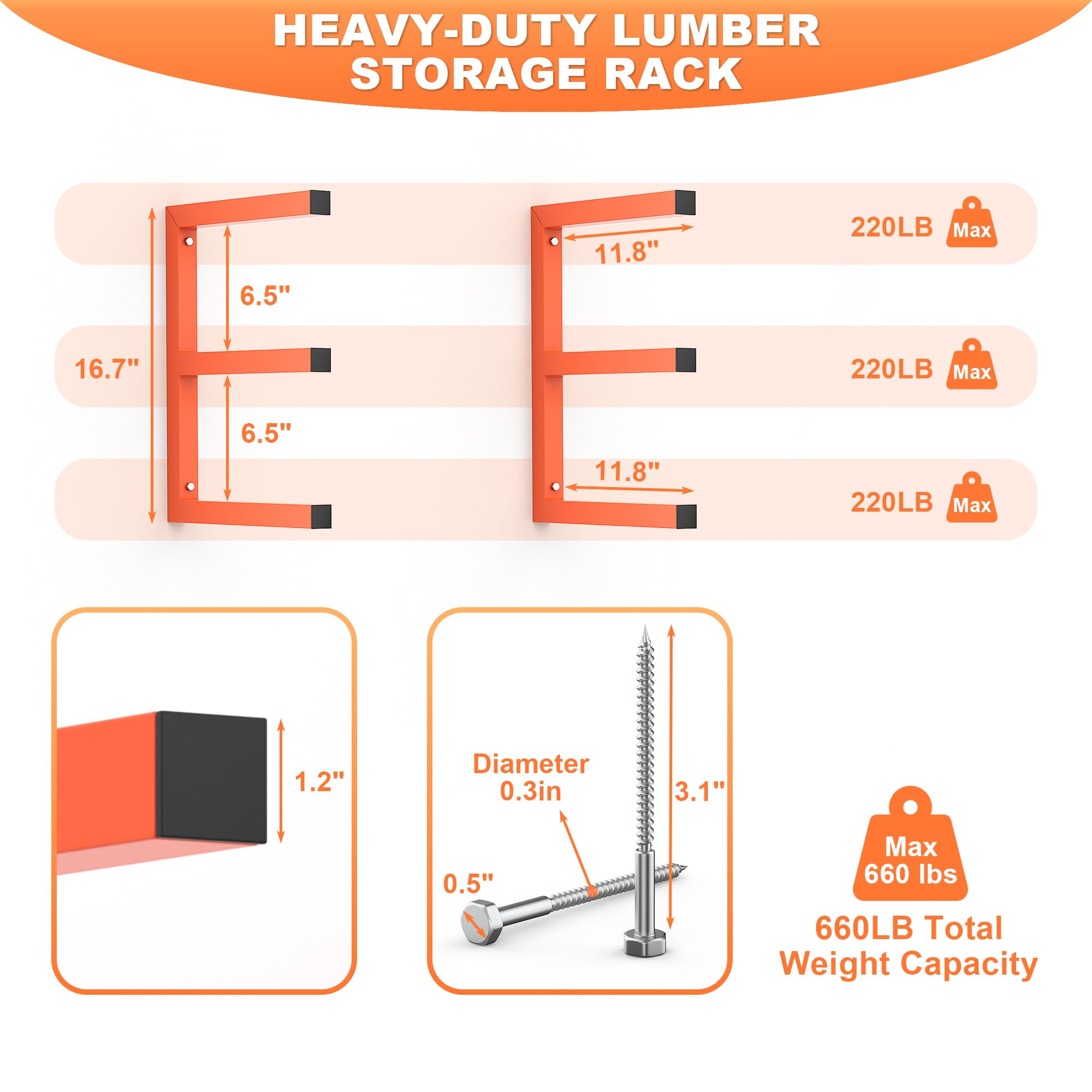 Ultrawall Lumber Storage Rack Wall Mount Wood Storage Racks, Metal Wood Organizer Racks for Shed, Workshop, Garage, Holds Up 220 LBS Per Level (Pack of 2, Orange)