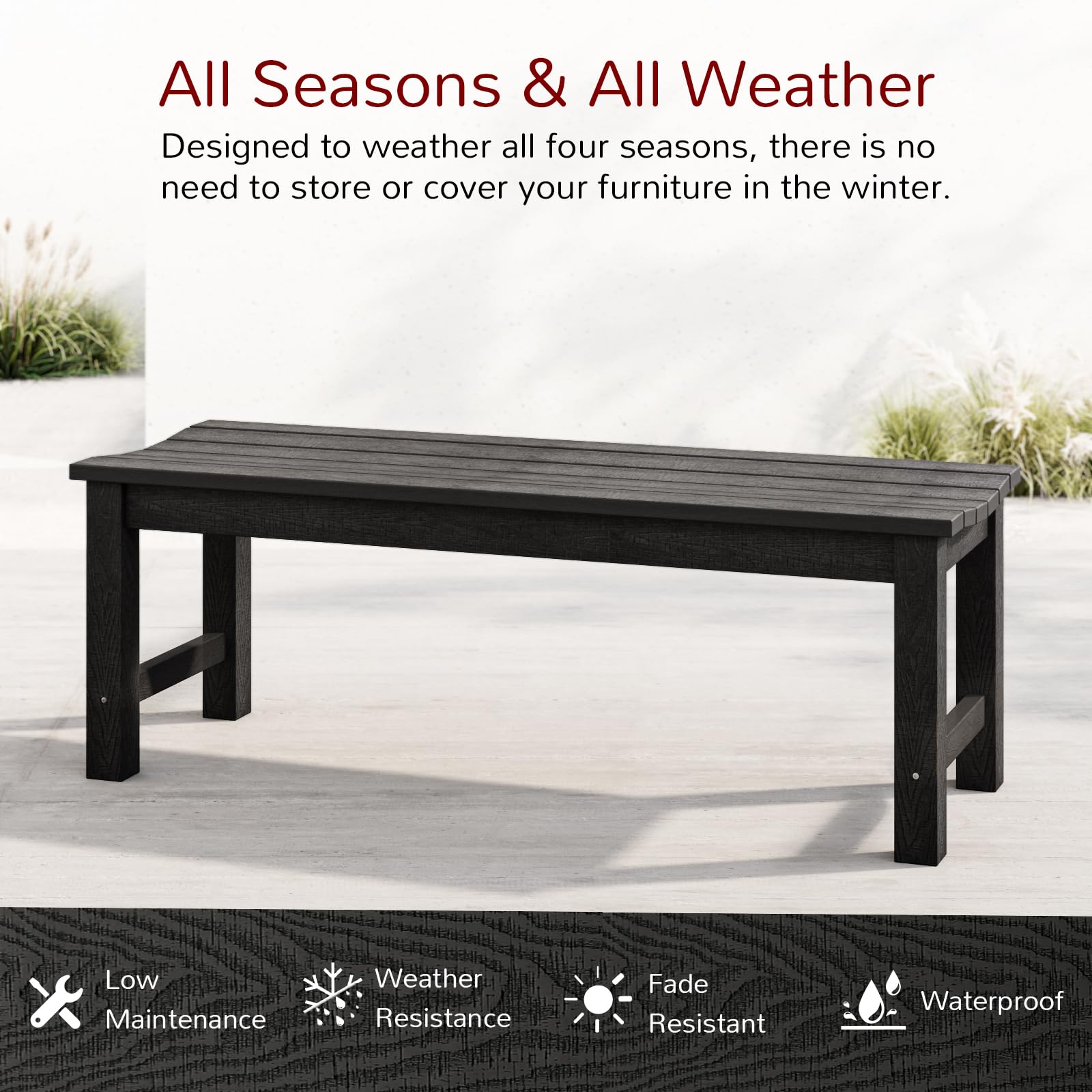 Stoog Outdoor Bench, 2-Person Patio Backless Bench, All-Weather HIPS Garden Bench, Never Rot or Fade, for Backyard, Porch, Patio, Deck, and Entryway, Black