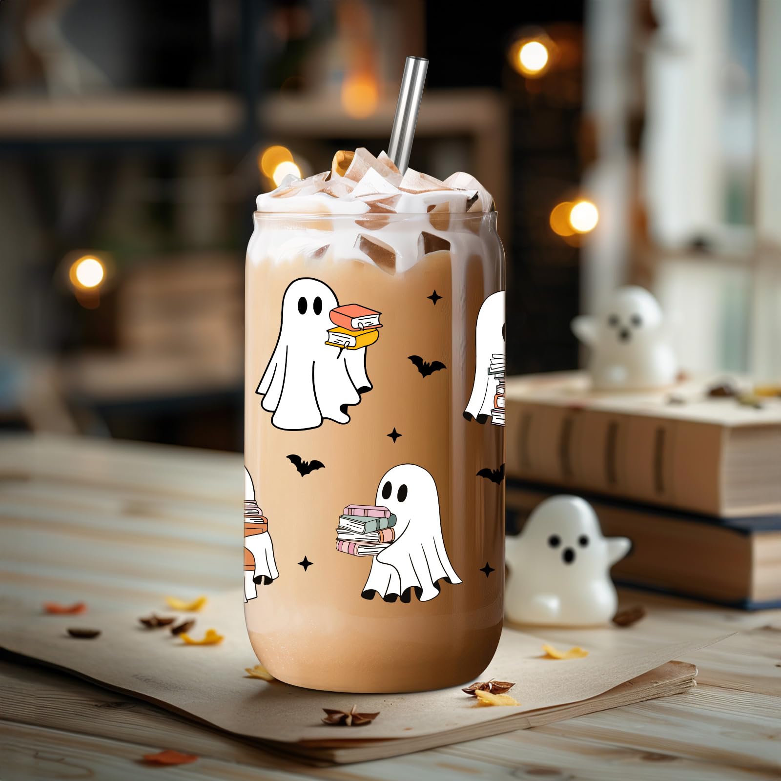 Fairy's Gift Ghost Reader Halloween Cup, Cute Halloween Spooky Gifts for Book Lovers, 16 oz Iced Coffee Cup with Lid Straw, Book Themed, Bookworm, Bookish Gifts for Women Book Lover Librarian