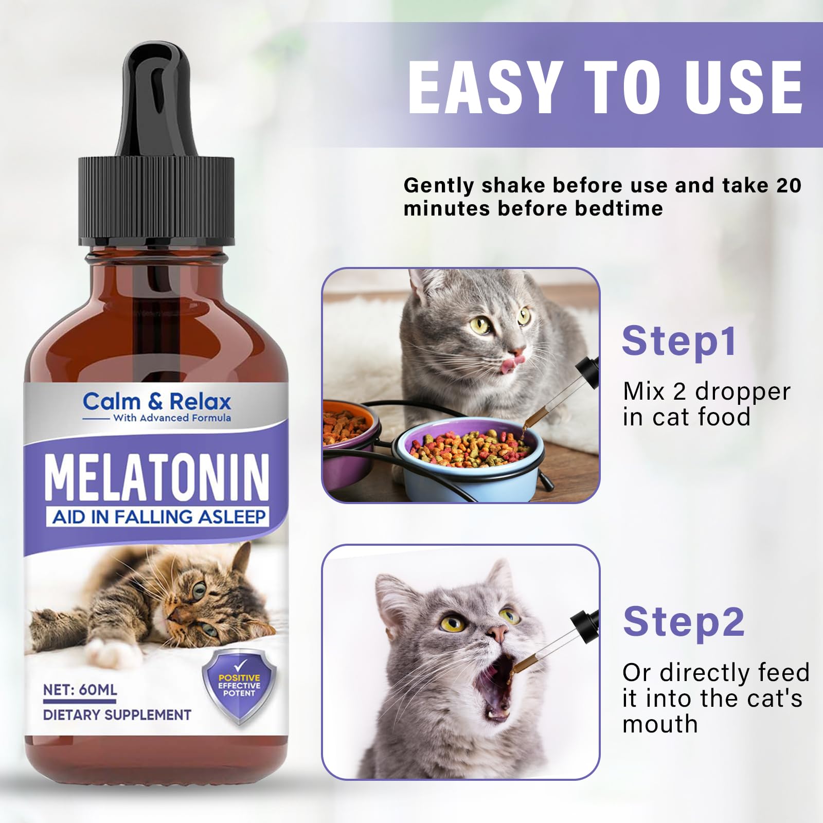 Atrilly Cat Melatonin, Melatonin for Cats, Natural Cat Calming Drops, Anxiety & Stress Relief, Promote Relaxation & Deep Sleep for Cat & Dog, 60ml, Purple