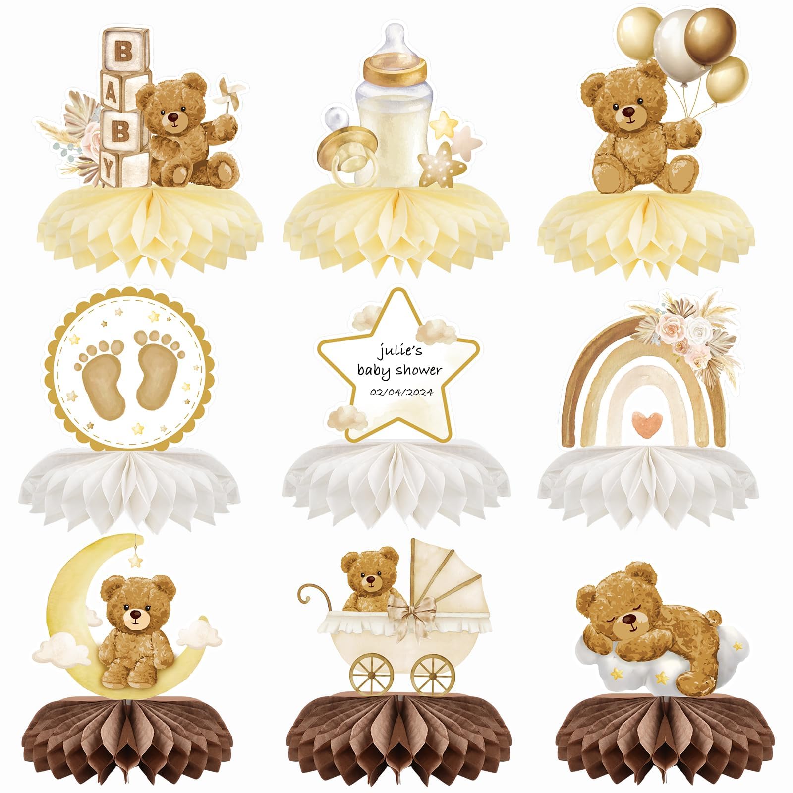 9pcs Bear Baby Shower Decorations Bear Centerpieces for Baby Shower Table Decorations Gender Reveal Centerpieces for Table Neutral Boho