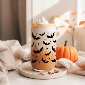 Fairy's Gift Halloween Bats Cup, Halloween Spooky Gifts, Gothic Bat Glass Cup, Cute 16 oz Iced Coffee Cup, Halloween Party, Boo Basket Stuffers, Bat Themed, Halloween Gifts for Women Men Bat Lover