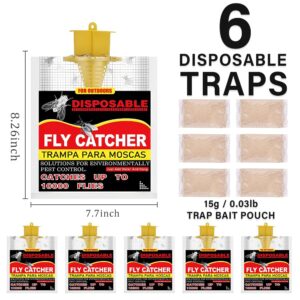 Hescaz Pack of 6 Fly Bags Outdoor Disposable, Fly Traps Outdoor, Includes 6 Baits, Fly Catcher Outdoor for Butcher's Stall, Orchards, Barns, Ranch, Farm, Patio, Camping