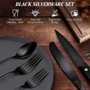 Aswwid 48 Pieces Black Silverware Set for 8, Retro Royal Flatware Set with Steak Knives, Gorgeous Stainless Steel Cutlery Utensil Set Include Forks Spoons and Knives, Mirror Finish,Dishwasher Safe