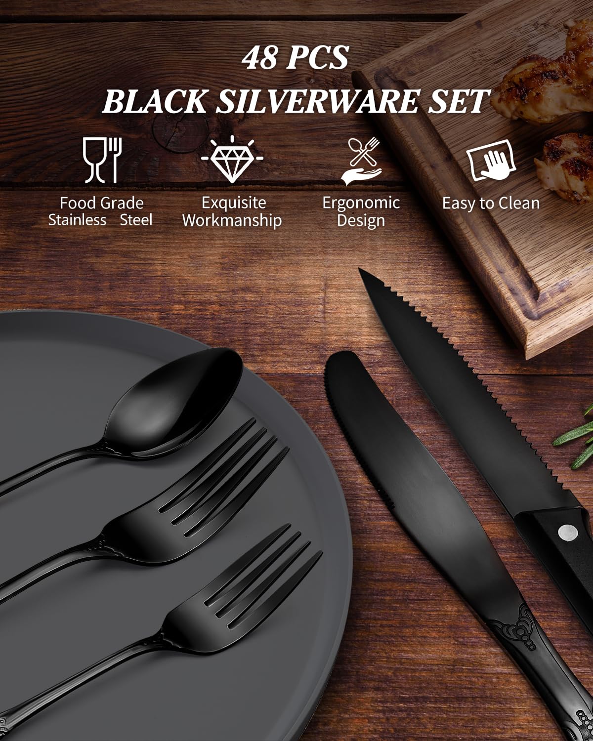 Aswwid 48 Pieces Black Silverware Set for 8, Retro Royal Flatware Set with Steak Knives, Gorgeous Stainless Steel Cutlery Utensil Set Include Forks Spoons and Knives, Mirror Finish,Dishwasher Safe