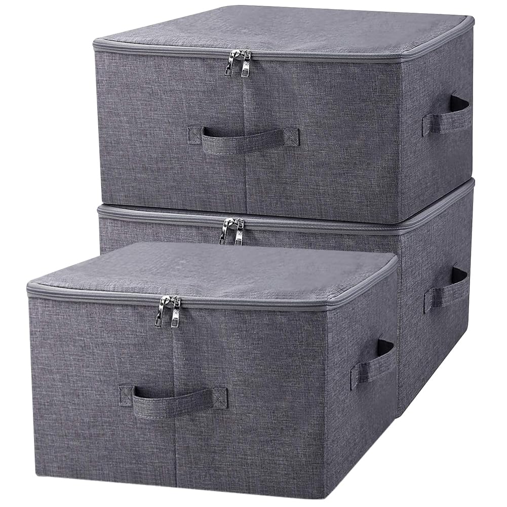 iwill CREATE PRO Pack of 3, Fabric Folding Clothes Storage Boxes with Zip Lid for Wardrobe, Black Gray