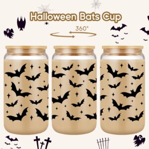 Fairy's Gift Halloween Bats Cup, Halloween Spooky Gifts, Gothic Bat Glass Cup, Cute 16 oz Iced Coffee Cup, Halloween Party, Boo Basket Stuffers, Bat Themed, Halloween Gifts for Women Men Bat Lover