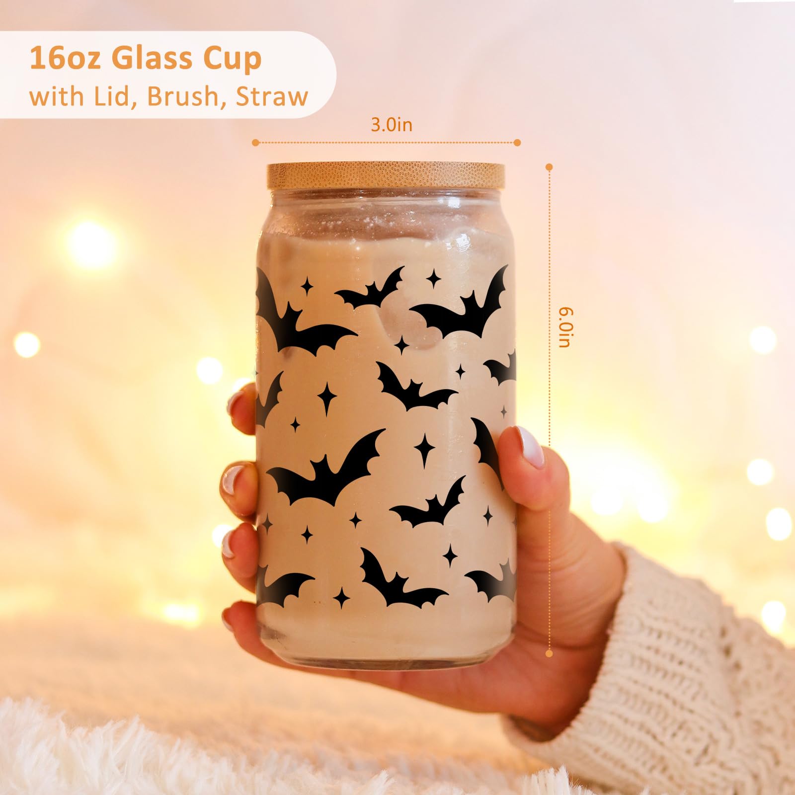 Fairy's Gift Halloween Bats Cup, Halloween Spooky Gifts, Gothic Bat Glass Cup, Cute 16 oz Iced Coffee Cup, Halloween Party, Boo Basket Stuffers, Bat Themed, Halloween Gifts for Women Men Bat Lover