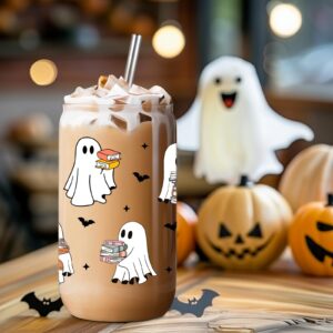 Fairy's Gift Ghost Reader Halloween Cup, Cute Halloween Spooky Gifts for Book Lovers, 16 oz Iced Coffee Cup with Lid Straw, Book Themed, Bookworm, Bookish Gifts for Women Book Lover Librarian