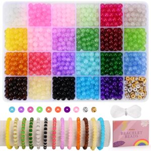 yelofesh 1100pcs 6mm glass beads for jewelry making, 24 vibrant colors crystal round glass beads for bracelets, complete bracelet making sets for girls diy crafts & friendship bracelets