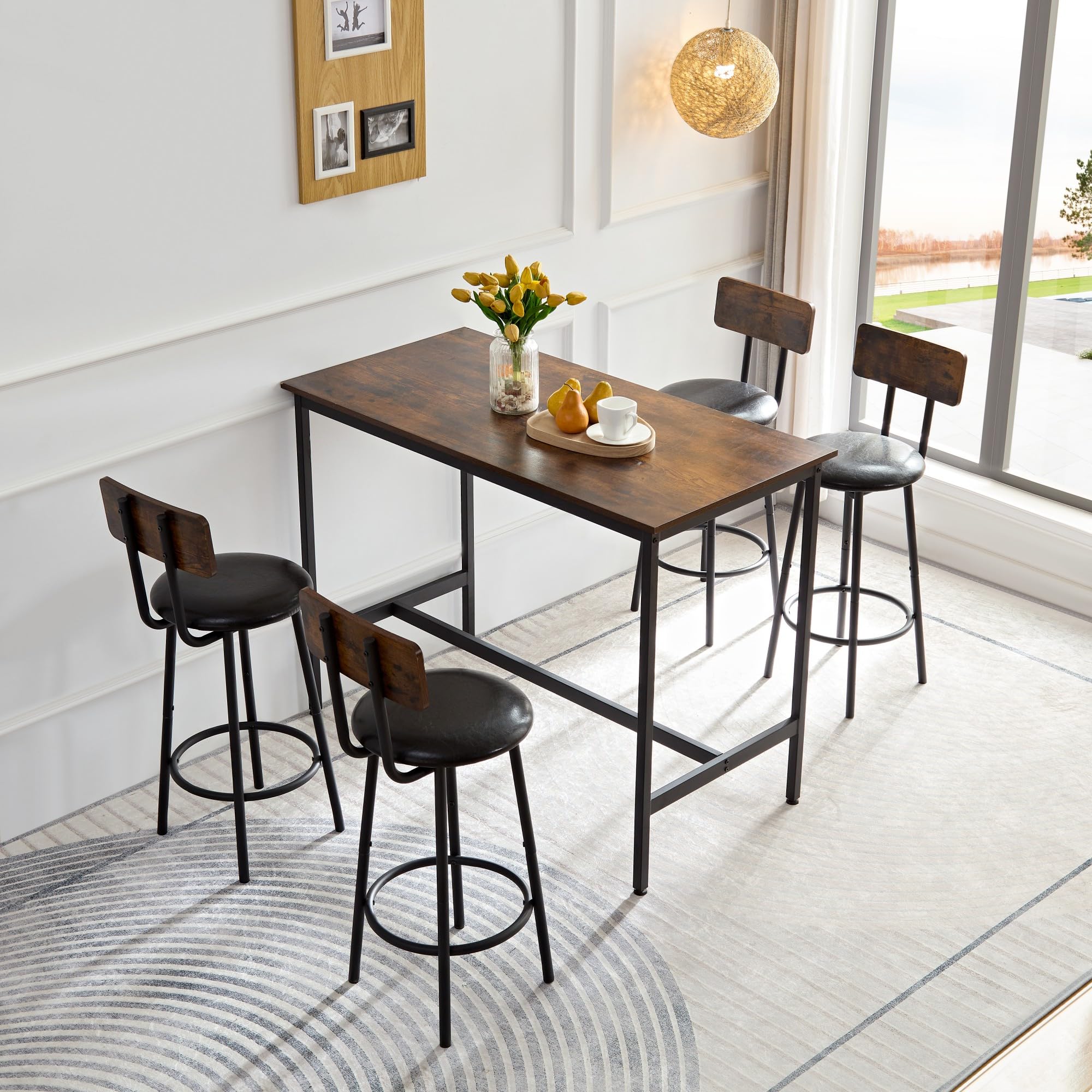 RuiSiSi Industrial Dining Bar Table Set with 4 Stools for Small Space, Metal Kitchen Dining Room Furniture Set with Back Rest Bar Chairs, Wood Tabletop and Upholstered Seat