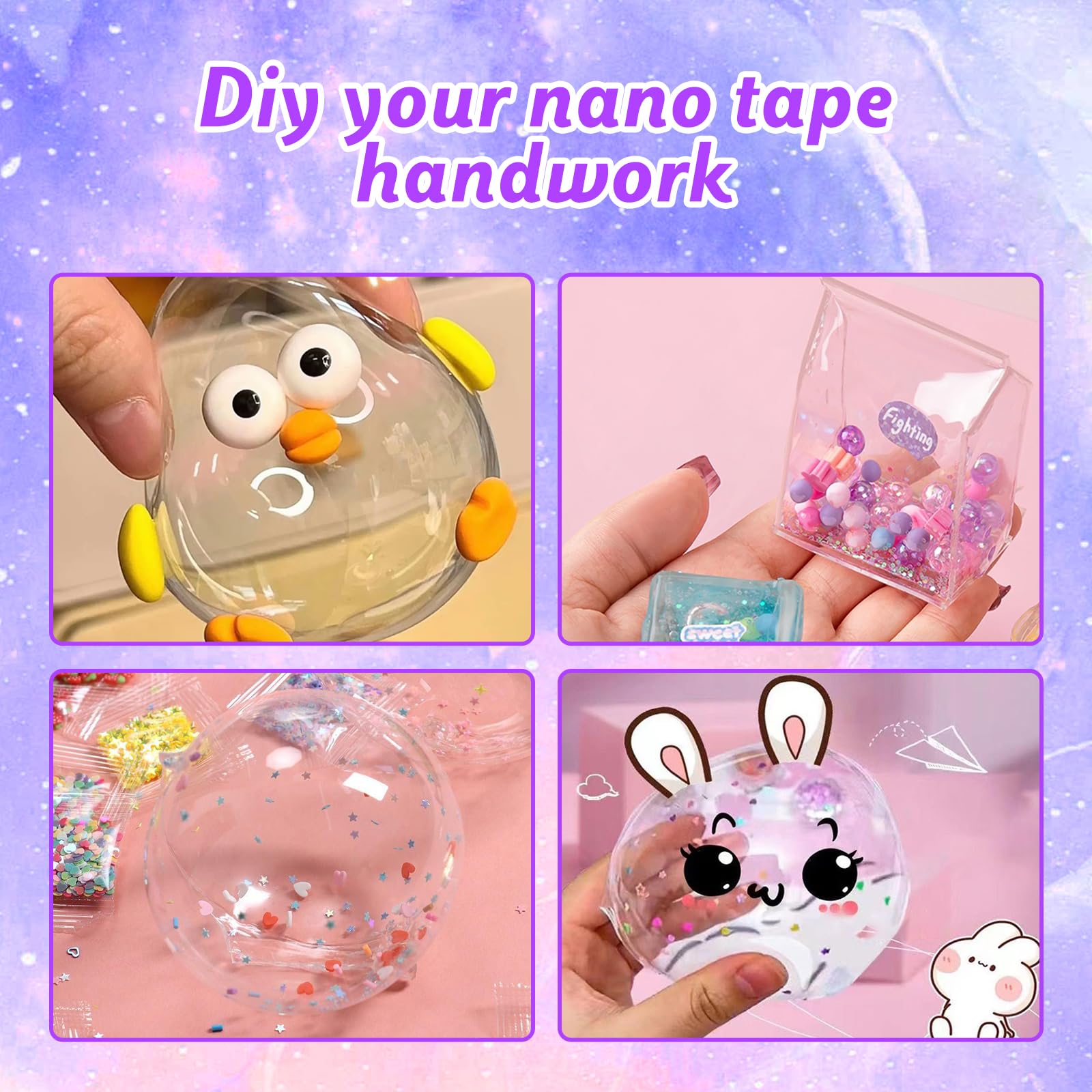 62 Pcs Nano Tape Bubble Kit, Double Sided Elastic Adhesive Tape Bubbles, Handmade DIY Nano Anxiety Relief Stress Balls Toys for Boys Girls, Kids Crafts Party Favors with Glitter Decorative Supplies