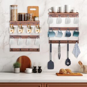 simesove Coffee Cup Holder, Coffee Mug Rack Wall Mounted, 3 Tier Rustic Wood Cups Rack with 12 Hooks and Top Storage Shelf, for Kitchen Display and Coffee Station, Brown