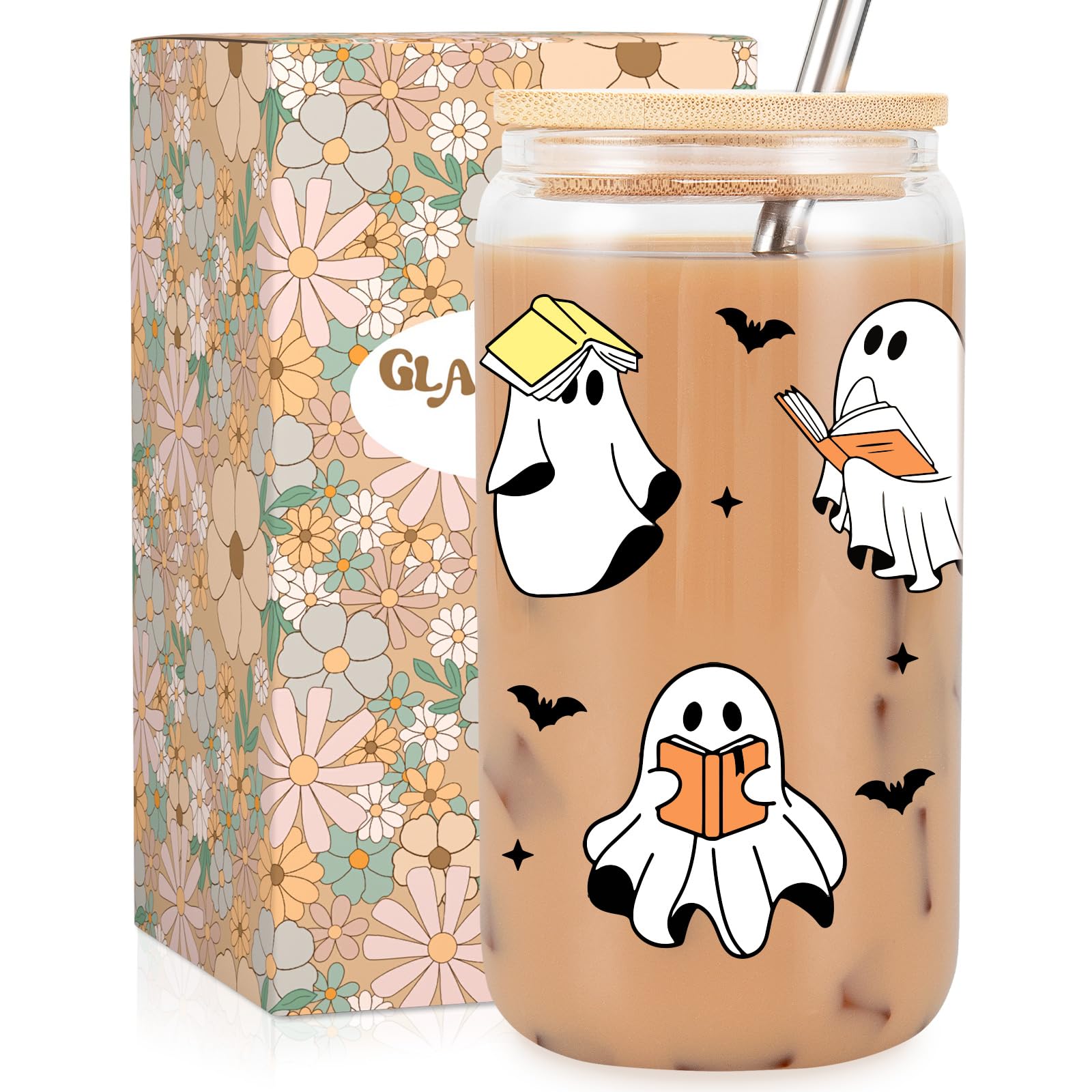 Fairy's Gift Ghost Reader Halloween Cup, Cute Halloween Spooky Gifts for Book Lovers, 16 oz Iced Coffee Cup with Lid Straw, Book Themed, Bookworm, Bookish Gifts for Women Book Lover Librarian