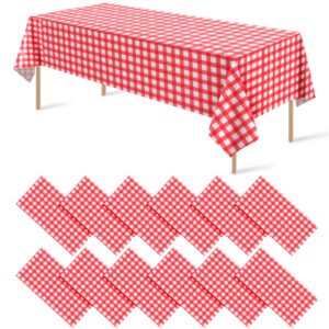 12 pack red and white plastic checkered tablecloth, premium decorative disposable red gingham plaid table cloths for parties, rectangle party table cover for picnic farm birthday wedding, 54x108 inch