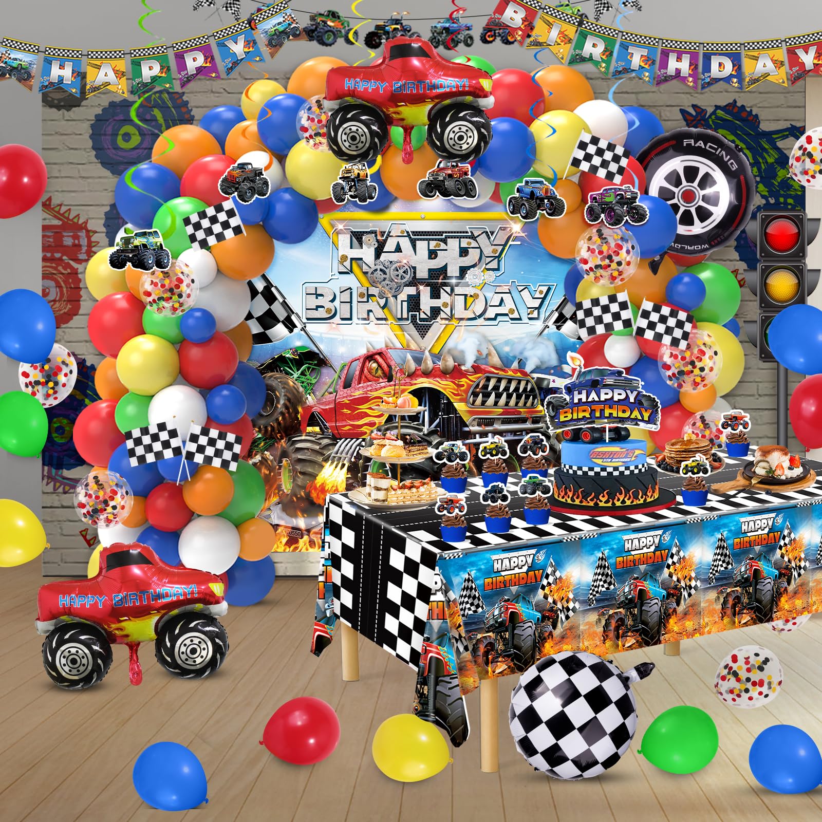 Monster Truck Birthday Decorations, Machines Jam Party Decoration Supplies include Truck Balloons Arch, Tablecloth, Backdrop, Cake Cupcake Toppers, Hanging Swirls, Flags, Truck Birthday Decor for Boys