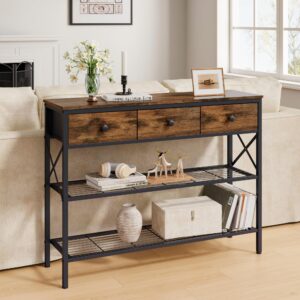 FAVOOSTY Narrow Console Table with 3 Fabric Drawers-39.8" Industrial Entryway Table with 3-Tier Storage Shelves, Thin Sofa Table for Living Room, Hallway, Entry Way, Foyer, Kitchen, Rustic Brown&Black