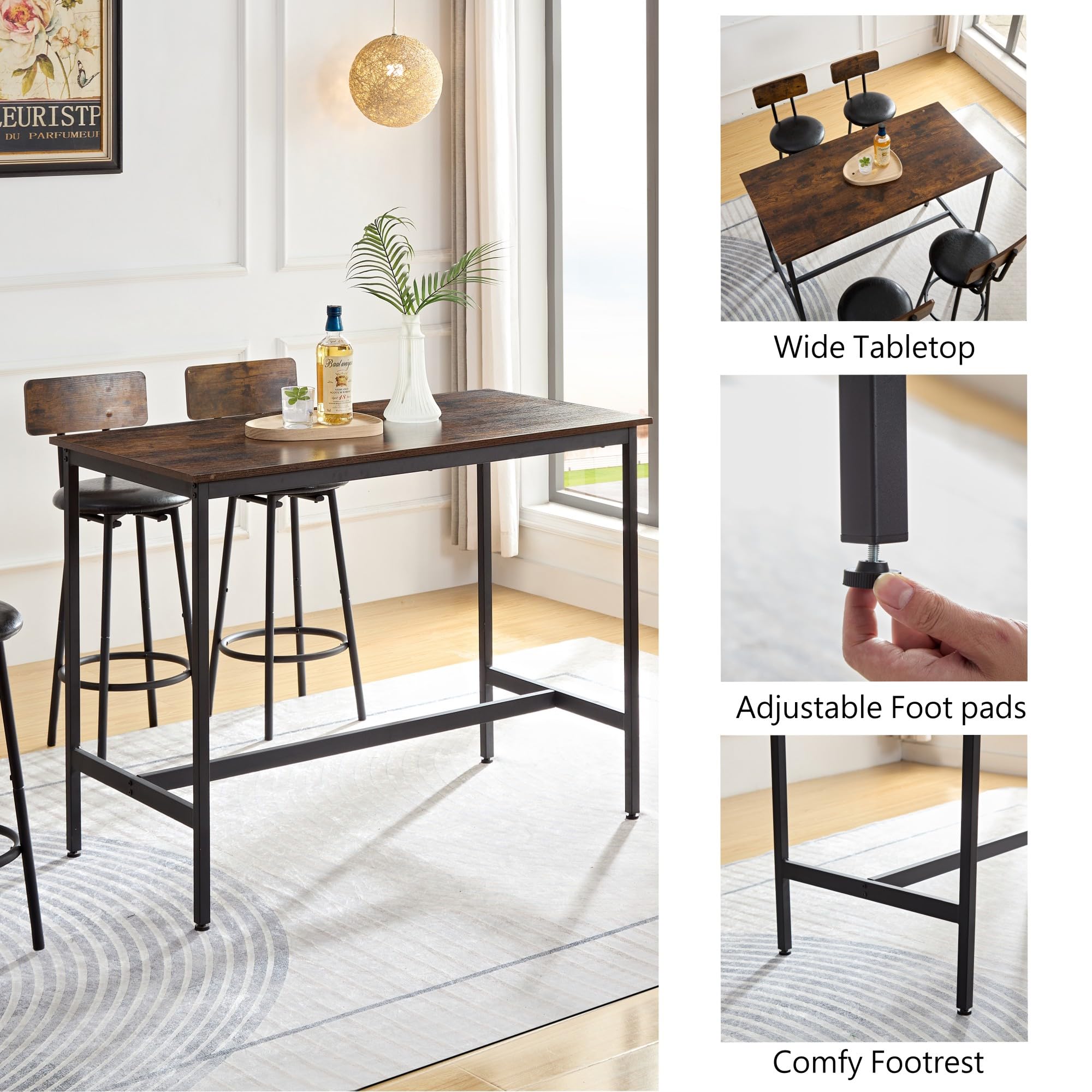 RuiSiSi Industrial Dining Bar Table Set with 4 Stools for Small Space, Metal Kitchen Dining Room Furniture Set with Back Rest Bar Chairs, Wood Tabletop and Upholstered Seat