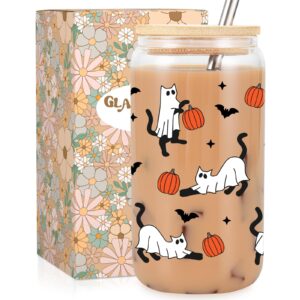 fairy's gift halloween ghost cat iced coffee cup, halloween cat pumpkin glass tumbler, 16 oz halloween glass cup with lid straw, boo basket stuffers, spooky halloween gifts for cat lover, women teen