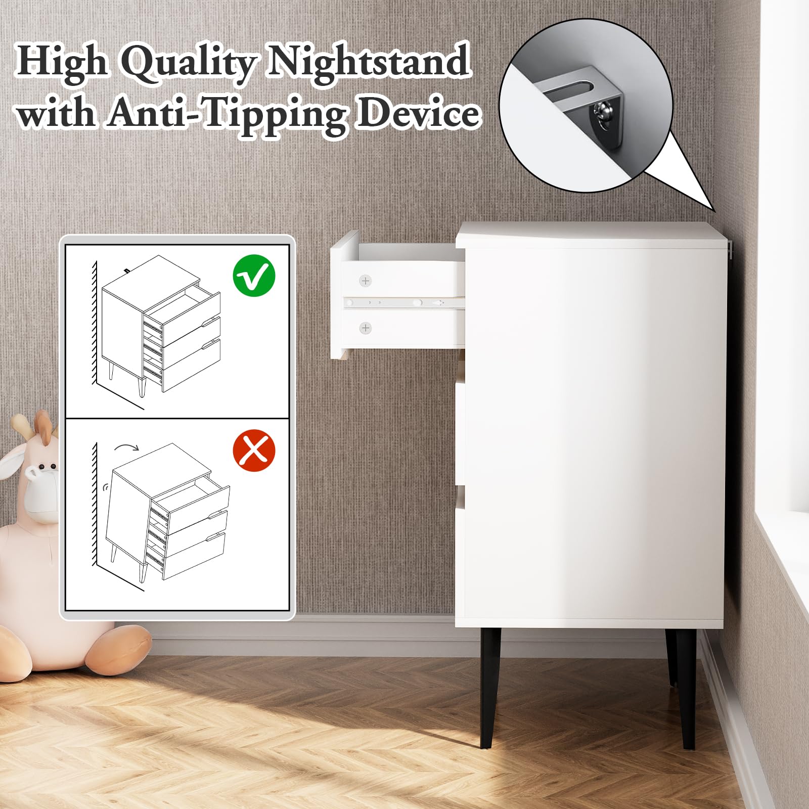 Aenuert Nightstand,White End Table with Three Drawers, Modern Bedside Table,Closet Organizer,Night Table Organizer Storage for Bedroom, Hallway, Entryway, Closets,Small Spaces