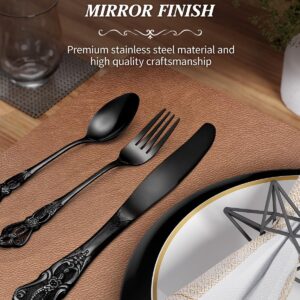 Aswwid 48 Pieces Black Silverware Set for 8, Retro Royal Flatware Set with Steak Knives, Gorgeous Stainless Steel Cutlery Utensil Set Include Forks Spoons and Knives, Mirror Finish,Dishwasher Safe