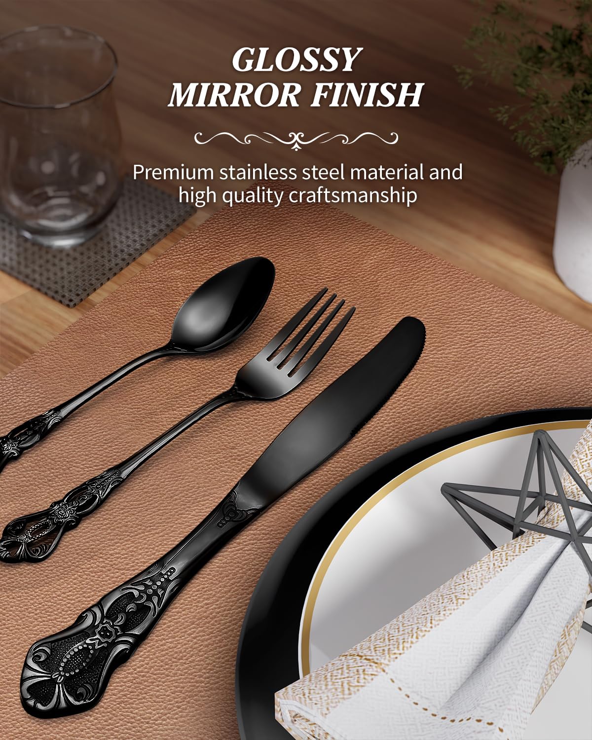 Aswwid 48 Pieces Black Silverware Set for 8, Retro Royal Flatware Set with Steak Knives, Gorgeous Stainless Steel Cutlery Utensil Set Include Forks Spoons and Knives, Mirror Finish,Dishwasher Safe