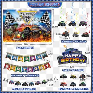 Monster Truck Birthday Decorations, Machines Jam Party Decoration Supplies include Truck Balloons Arch, Tablecloth, Backdrop, Cake Cupcake Toppers, Hanging Swirls, Flags, Truck Birthday Decor for Boys