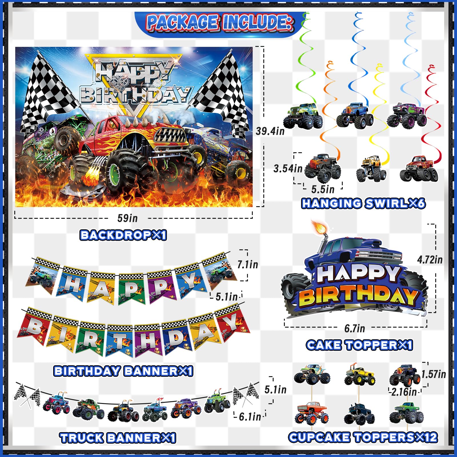 Monster Truck Birthday Decorations, Machines Jam Party Decoration Supplies include Truck Balloons Arch, Tablecloth, Backdrop, Cake Cupcake Toppers, Hanging Swirls, Flags, Truck Birthday Decor for Boys