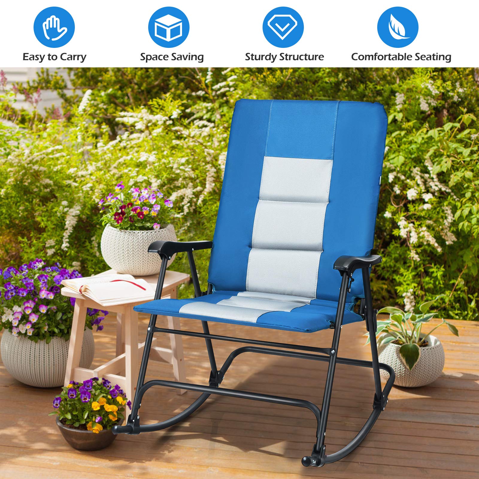 KOTEK Outdoor Rocking Chair, Folding Lawn Chair with Armrests & Padded High Backrest, Rocker Camping Chair for Patio Front Porch Backyard Garden Beach Travel, Supports 350 lbs (1, Blue)