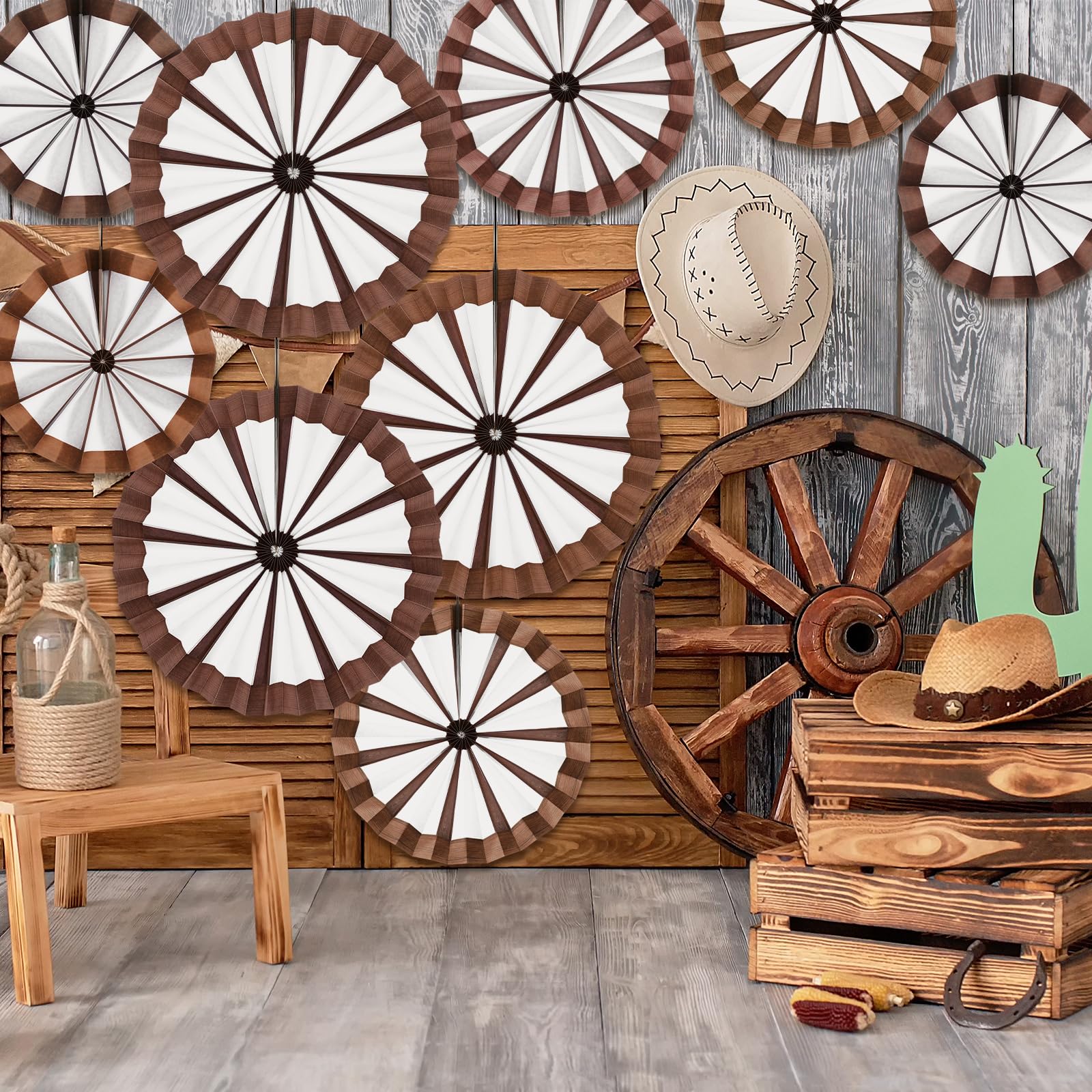 Outus 9 Pcs Wagon Wheel Decorations Paper Fans Country Western Party Decorations Wooden Wagon Wheels Hanging Paper Fans Ceiling Wall Decor for Wild West Western Cowboy Themed Classroom Party