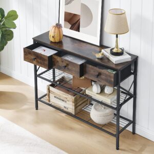 FAVOOSTY Narrow Console Table with 3 Fabric Drawers-39.8" Industrial Entryway Table with 3-Tier Storage Shelves, Thin Sofa Table for Living Room, Hallway, Entry Way, Foyer, Kitchen, Rustic Brown&Black