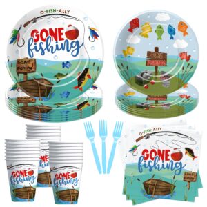 xenorik gone fishing party decorations tableware - fish fishing birthday party supplies, paper plate, cup, napkin, fork, little fisherman fishing birthday baby shower table decorations | serve 24