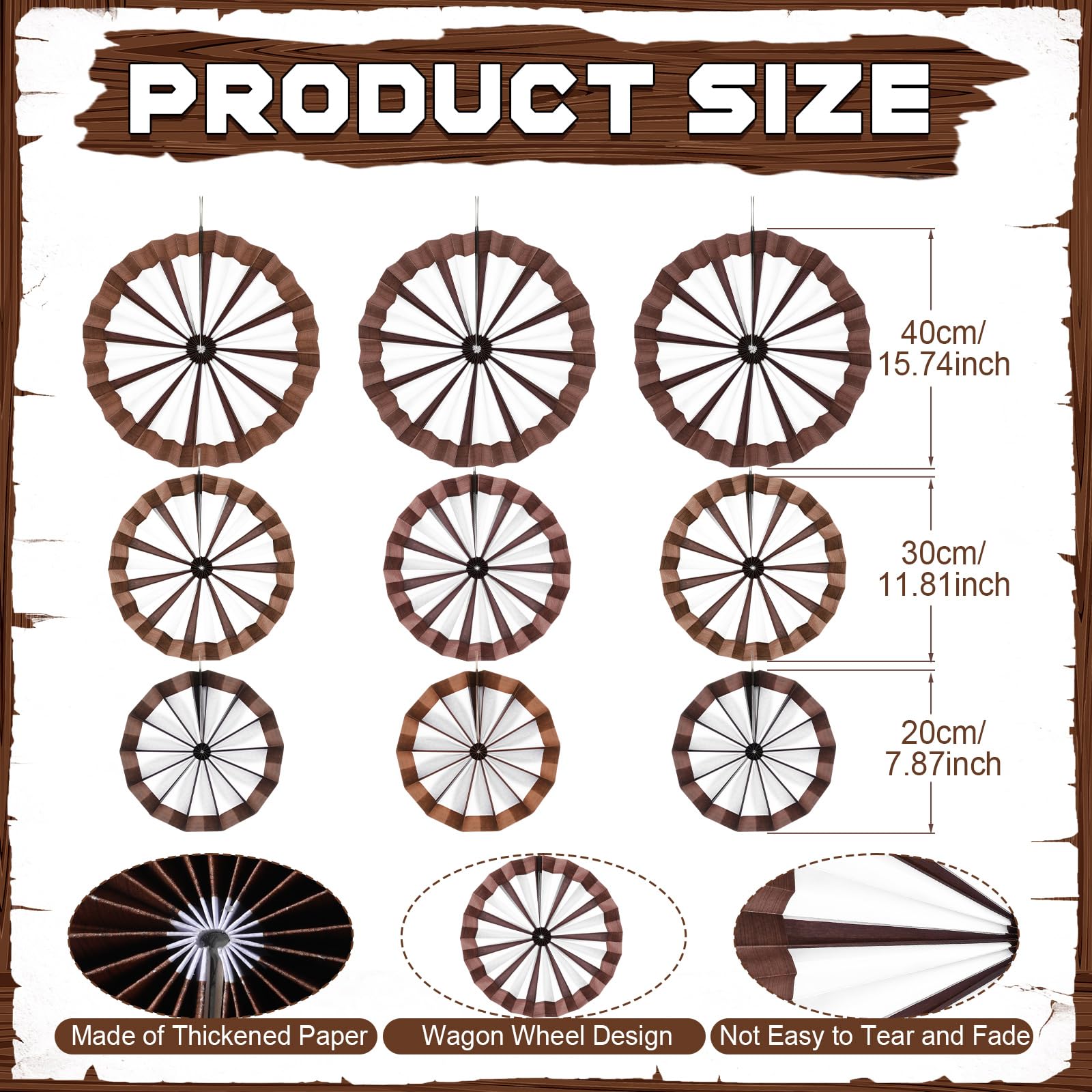 Outus 9 Pcs Wagon Wheel Decorations Paper Fans Country Western Party Decorations Wooden Wagon Wheels Hanging Paper Fans Ceiling Wall Decor for Wild West Western Cowboy Themed Classroom Party