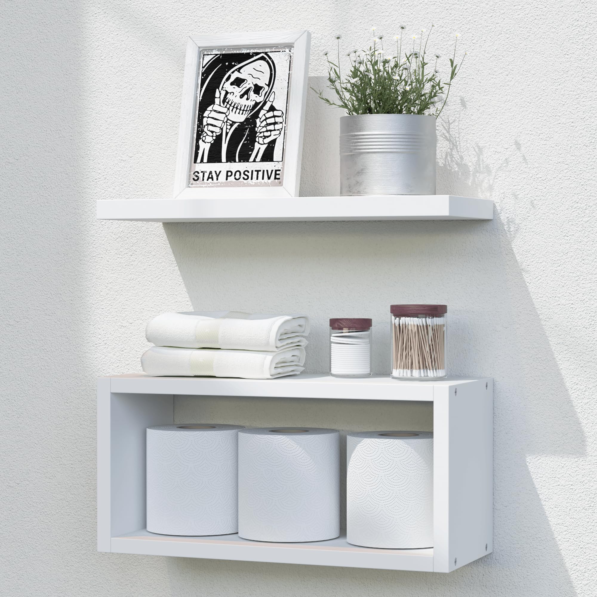 RICHER HOUSE Floating Shelves Bathroom, White Floating Shelves for Wall, Above Toilet Bathroom Shelves, Wall Mounted Hanging Shelves for Bedroom, Kitchen, Living Room, Bathroom Decor - White