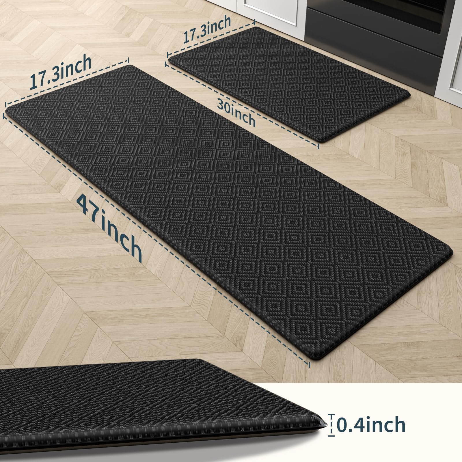 Mattitude Kitchen Mat 2PCS Kitchen Rugs Cushioned Anti-Fatigue Rug Waterproof Standing Desk Mat Kitchen Mats for Floor Kitchen Rug Set for Kitchen, Sink, Office 17.3"×30"+17.3"×47" Black