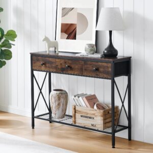 FAVOOSTY Narrow Console Table with 3 Fabric Drawers-39.8" Industrial Entryway Table with 3-Tier Storage Shelves, Thin Sofa Table for Living Room, Hallway, Entry Way, Foyer, Kitchen, Rustic Brown&Black