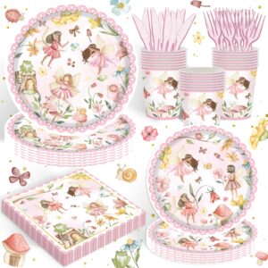 120pcs fairy party supplies for girls 1st 2rd first birthday fairies enchanted themed baby shower party decorations garden flower tableware set paper plates napkins forks for 20 guests