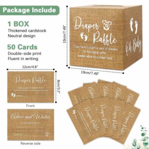 Lopeastar 51Pcs Burlap Print Diaper Raffle Tickets with Box Baby Shower Games, Neutral Kraft Diaper Raffle Cards Box Baby Shower Decorations for Boy Girl