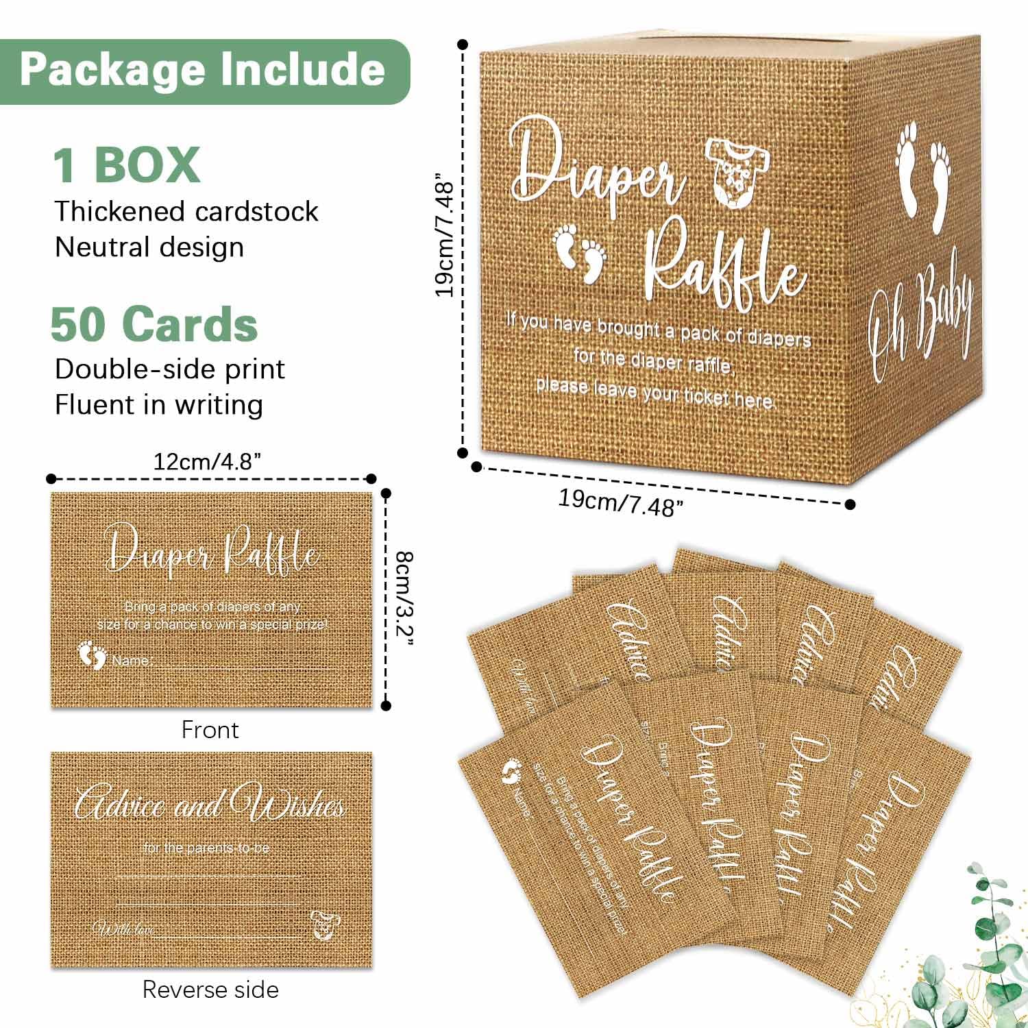 Lopeastar 51Pcs Burlap Print Diaper Raffle Tickets with Box Baby Shower Games, Neutral Kraft Diaper Raffle Cards Box Baby Shower Decorations for Boy Girl