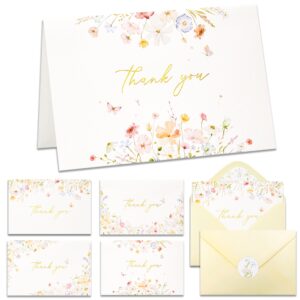 crisky floral 4 assorted thank you cards (50 pack) with envelopes & stickers greeting cards bulk, watercolor delicate wildflower for birthday, baby shower, wedding, graduation