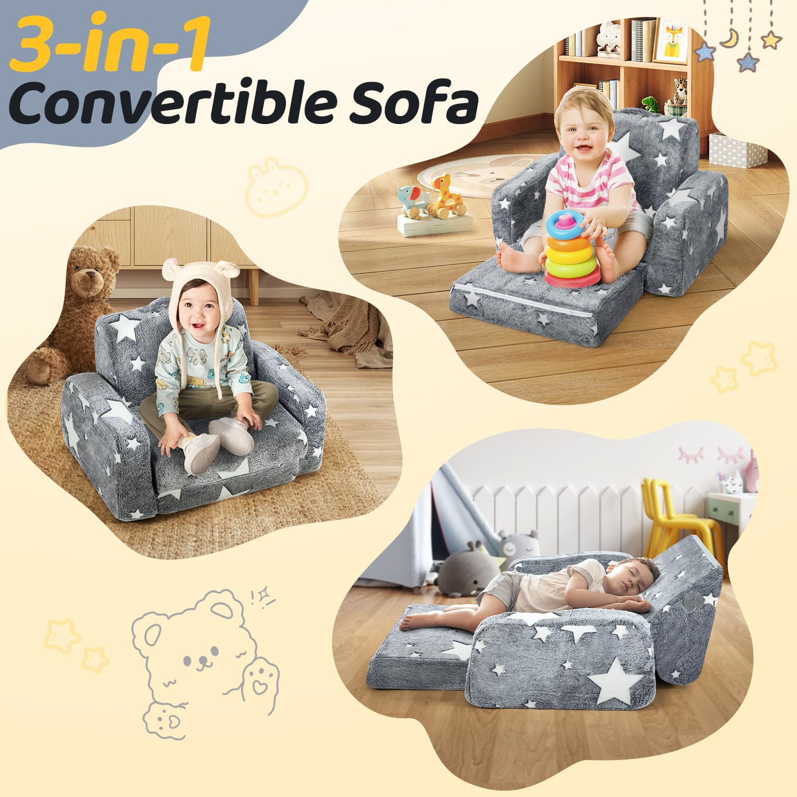 YHUAIMANG 3 in 1 Foldable Toddler Couch,Convertible Sofa to Lounger for Kids,Glow in The Dark Fold Out Couch Toddler Sofa