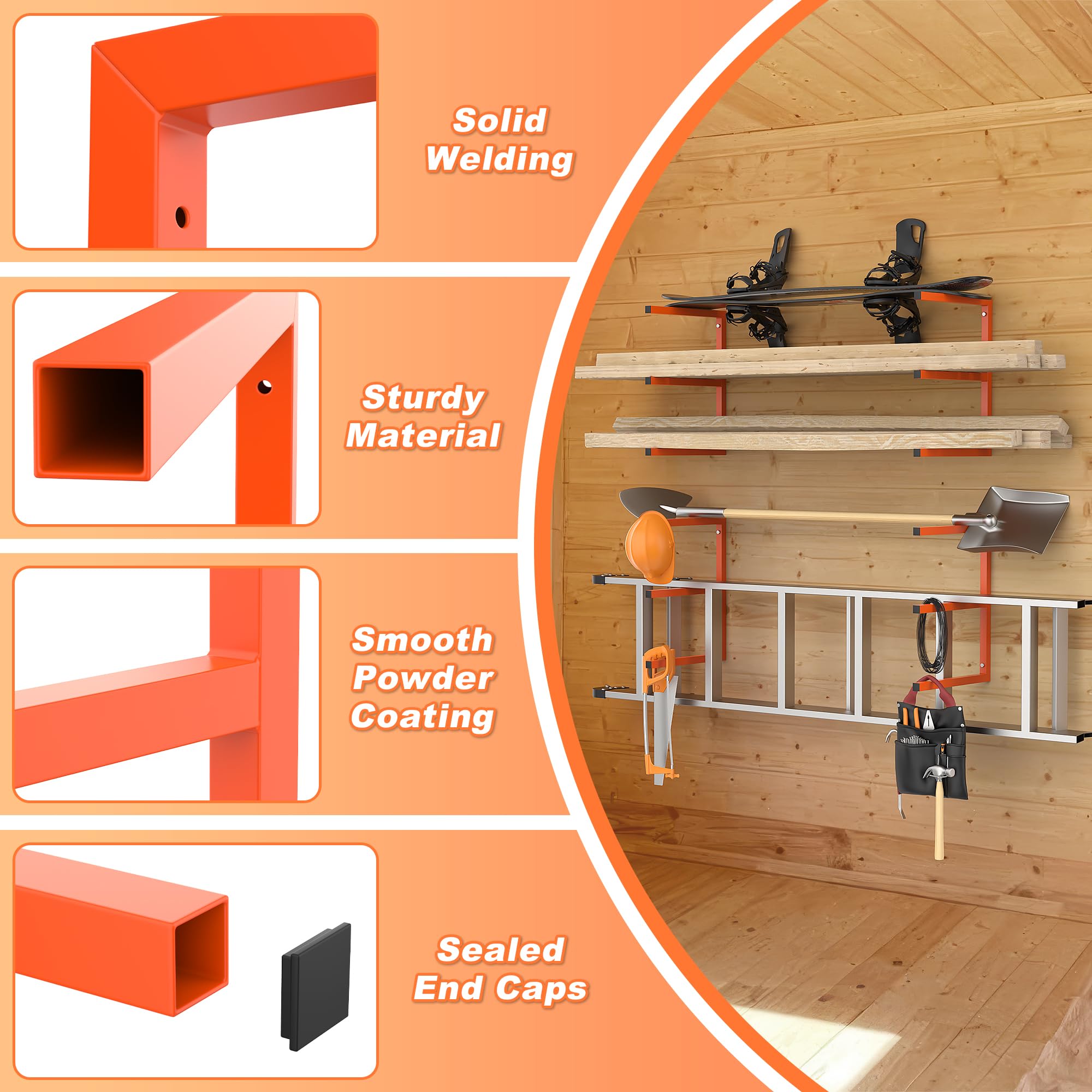 Ultrawall Lumber Storage Rack Wall Mount Wood Storage Racks, Metal Wood Organizer Racks for Shed, Workshop, Garage, Holds Up 220 LBS Per Level (Pack of 2, Orange)