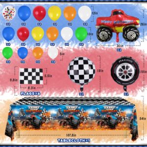 Monster Truck Birthday Decorations, Machines Jam Party Decoration Supplies include Truck Balloons Arch, Tablecloth, Backdrop, Cake Cupcake Toppers, Hanging Swirls, Flags, Truck Birthday Decor for Boys