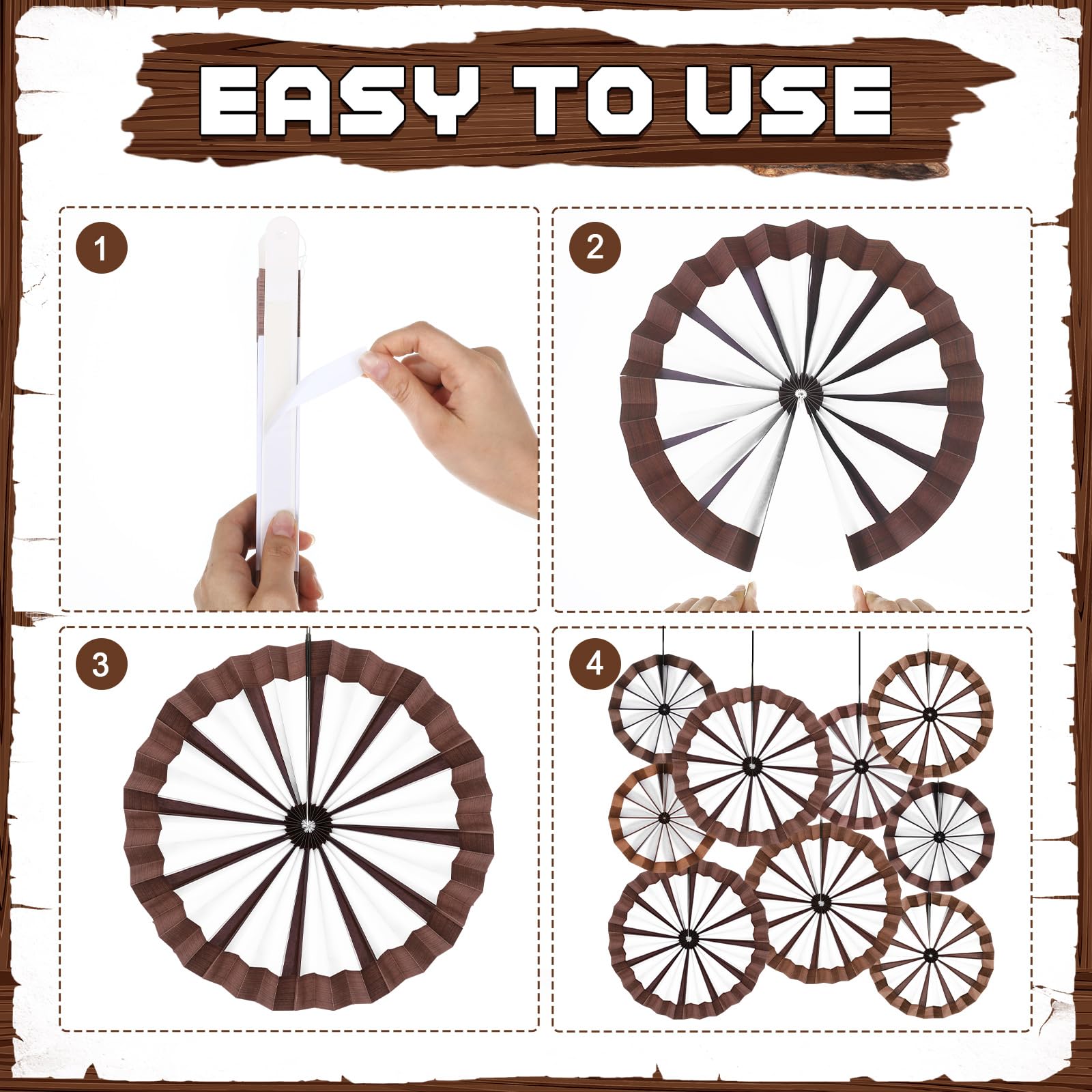 Outus 9 Pcs Wagon Wheel Decorations Paper Fans Country Western Party Decorations Wooden Wagon Wheels Hanging Paper Fans Ceiling Wall Decor for Wild West Western Cowboy Themed Classroom Party