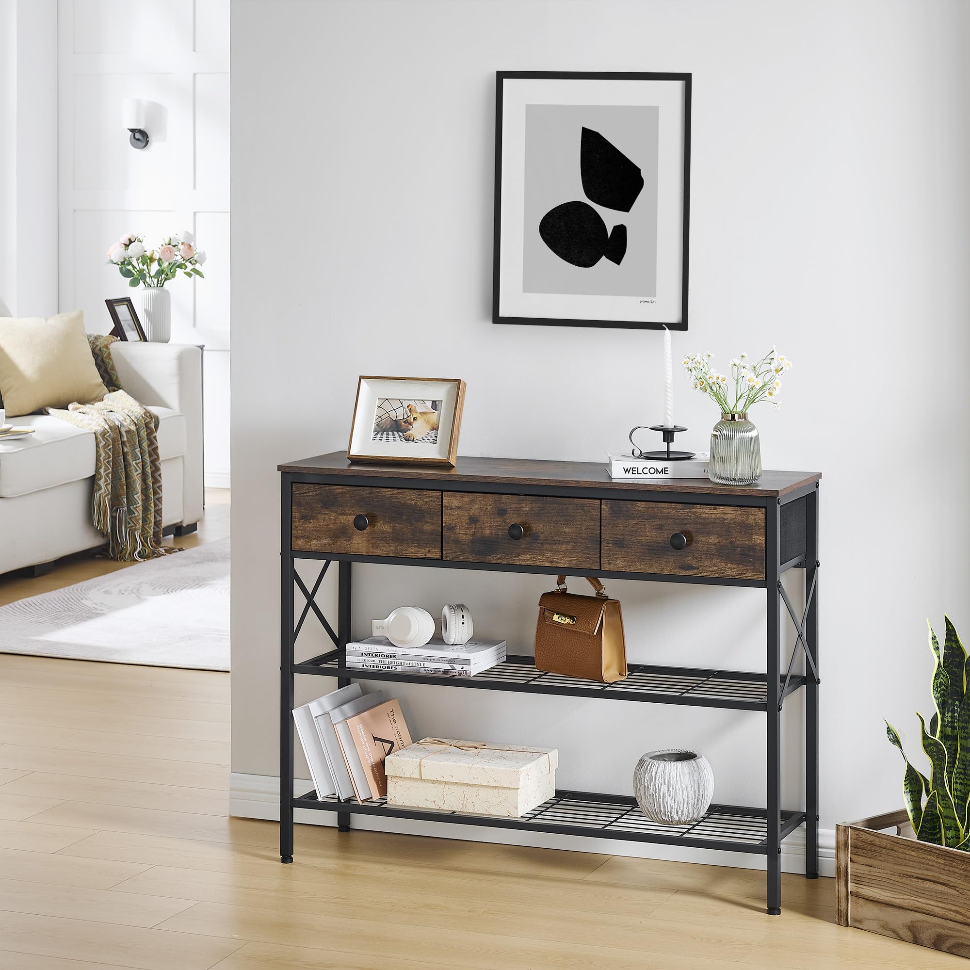 FAVOOSTY Narrow Console Table with 3 Fabric Drawers-39.8" Industrial Entryway Table with 3-Tier Storage Shelves, Thin Sofa Table for Living Room, Hallway, Entry Way, Foyer, Kitchen, Rustic Brown&Black