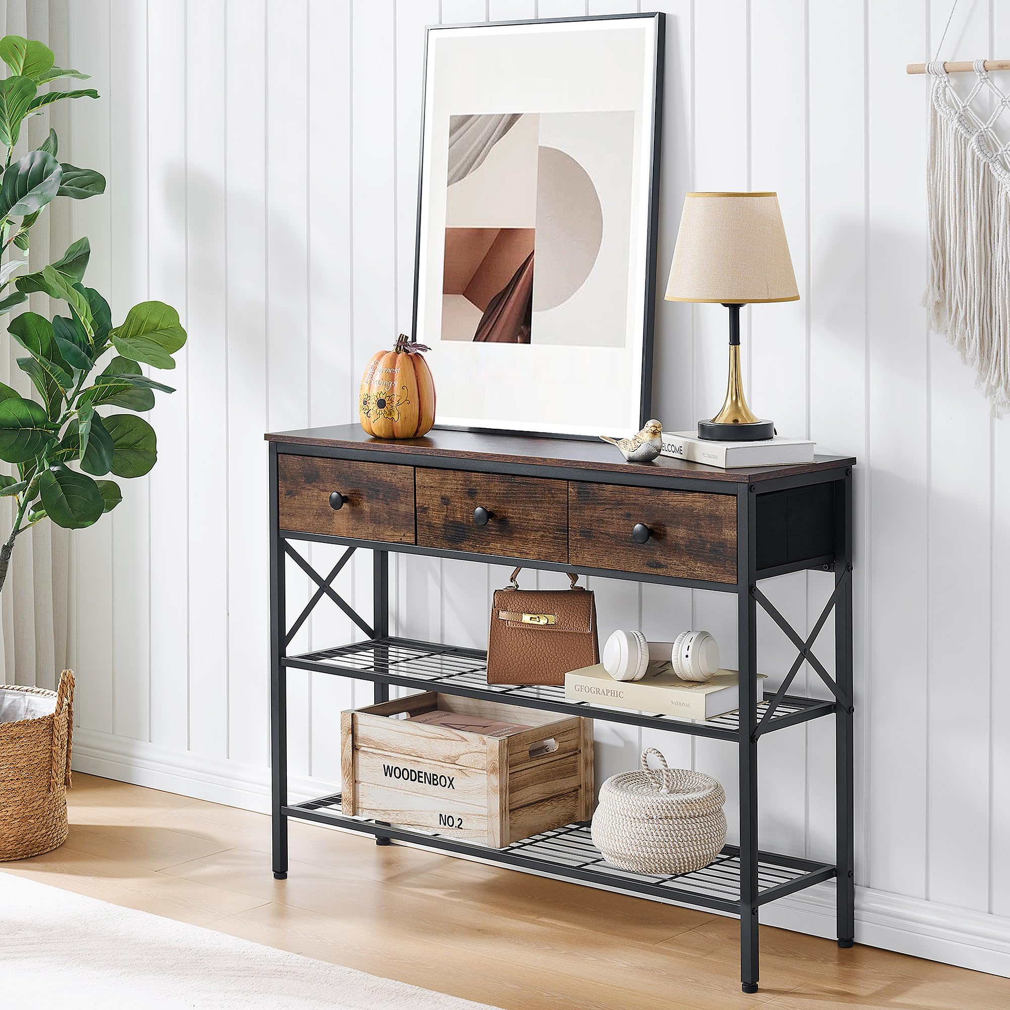 FAVOOSTY Narrow Console Table with 3 Fabric Drawers-39.8" Industrial Entryway Table with 3-Tier Storage Shelves, Thin Sofa Table for Living Room, Hallway, Entry Way, Foyer, Kitchen, Rustic Brown&Black